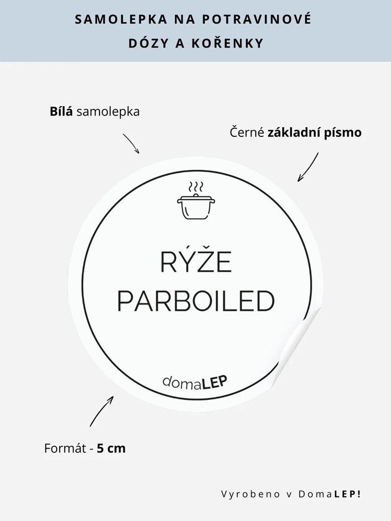 RÝŽE PARBOILED – bílá samolepka na dózu, základní písmo, 5 cm | DomaLEP