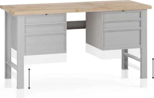 Výškově nastavitelný dílenský stůl G7, buková spárovka, 1700 x 800 x 840-1040 mm, 2x kontejner, 6 zásuvek, šedá