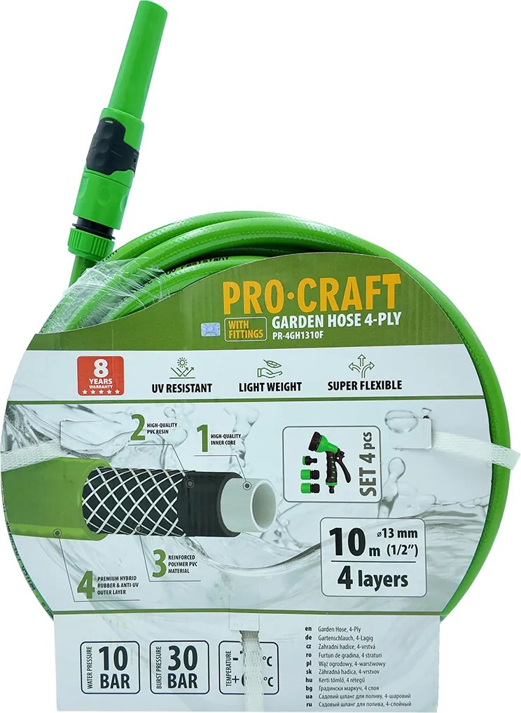 Procraft PR-4GH1310F - zelená zahradní hadice, 4 vrstvy, 1/2", 10m, s příslušenstvím