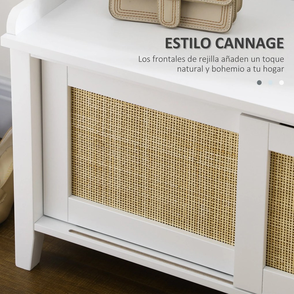 HOMCOM Botník se Sedadlem, Botový Kabinet se Sedací Ploché 2 Ratanové Dveře, Bohemian Styl, Nosnost 130 kg, pro Předsíň, 80x35x45 cm Bílá a Přírodní