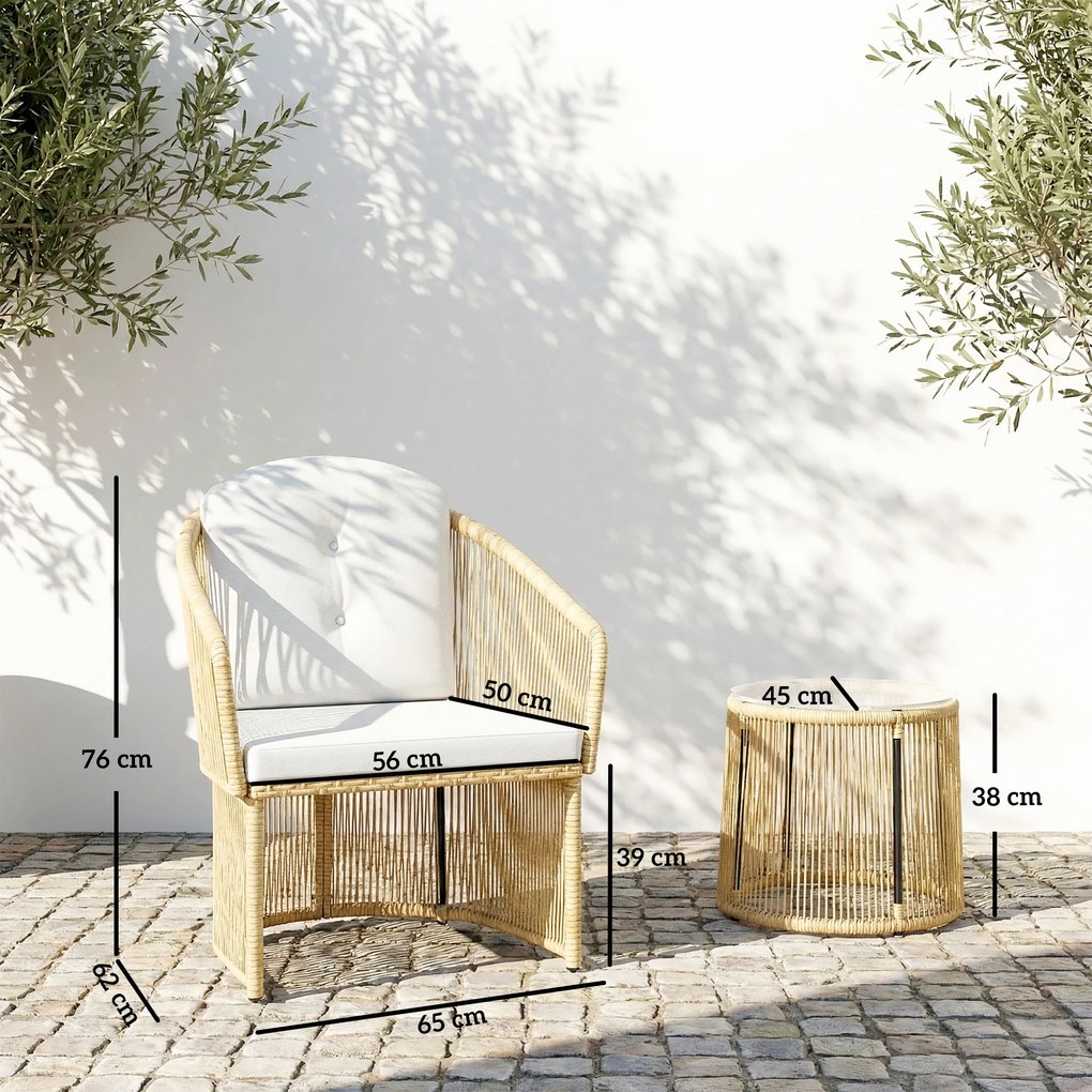 Ratanový bistro set, 3dílná sada zahradního nábytku s kulatým skleněným stolem, křesly a polštáři, krémově bílá barva