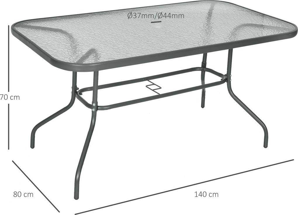 Outsunny Obdélníkový Zahradní Stůl s Zakřivenými Kovovými Okraji a Otvorem pro Slunečník, Temperované Sklo 70kg Kapacita 140x80x70 cm Tmavě Šedá