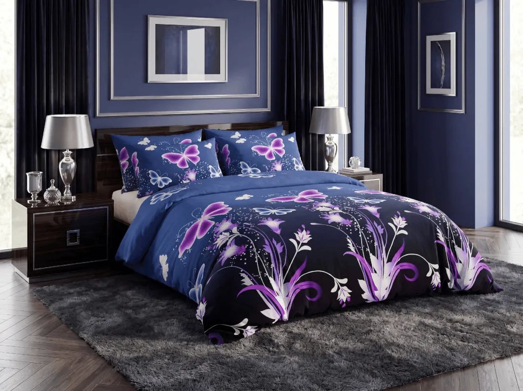 Povlečení z mikrovlákna VIOLET BUTTERFLY tmavě modré Rozměr povlečení: 70 x 90 cm | 140 x 200 cm