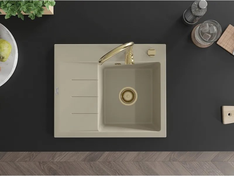 Mexen Ben, 1-komorový granitový dřez 600x500x190 mm, pravý + zlatý sifon, béžová, 6523605000-69-G