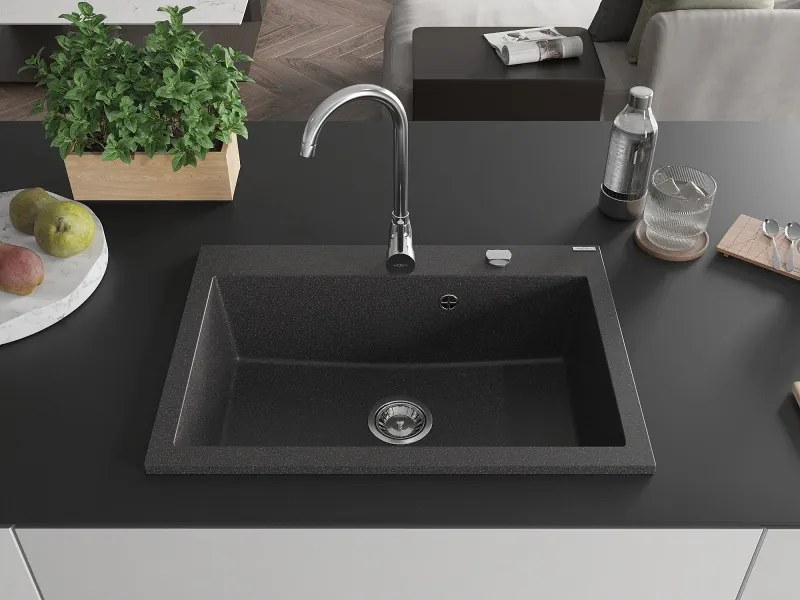 Mexen Elix granitový dřez 1-komorový 700 x 500 mm, černý skvrnitý, sifon chrom - 6526701005-76