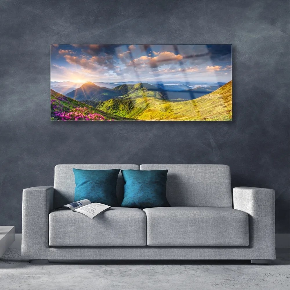 Plexisklo-obraz Hory Slunce Louka Krajina 125x50 cm