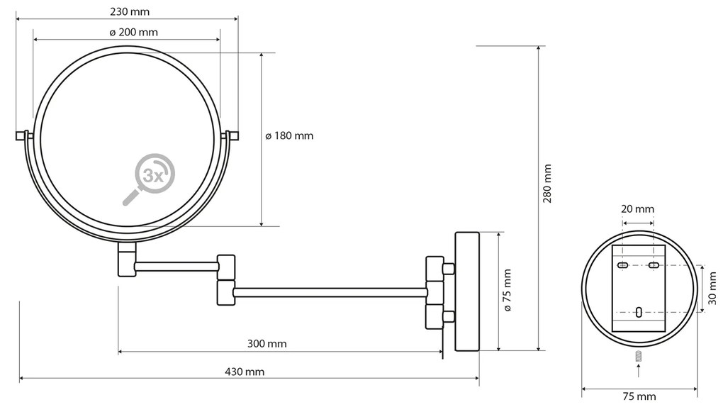 Sapho, X-ROUND BLACK závěsné kosmetické zrcátko průměr 190mm, černá, XR006B
