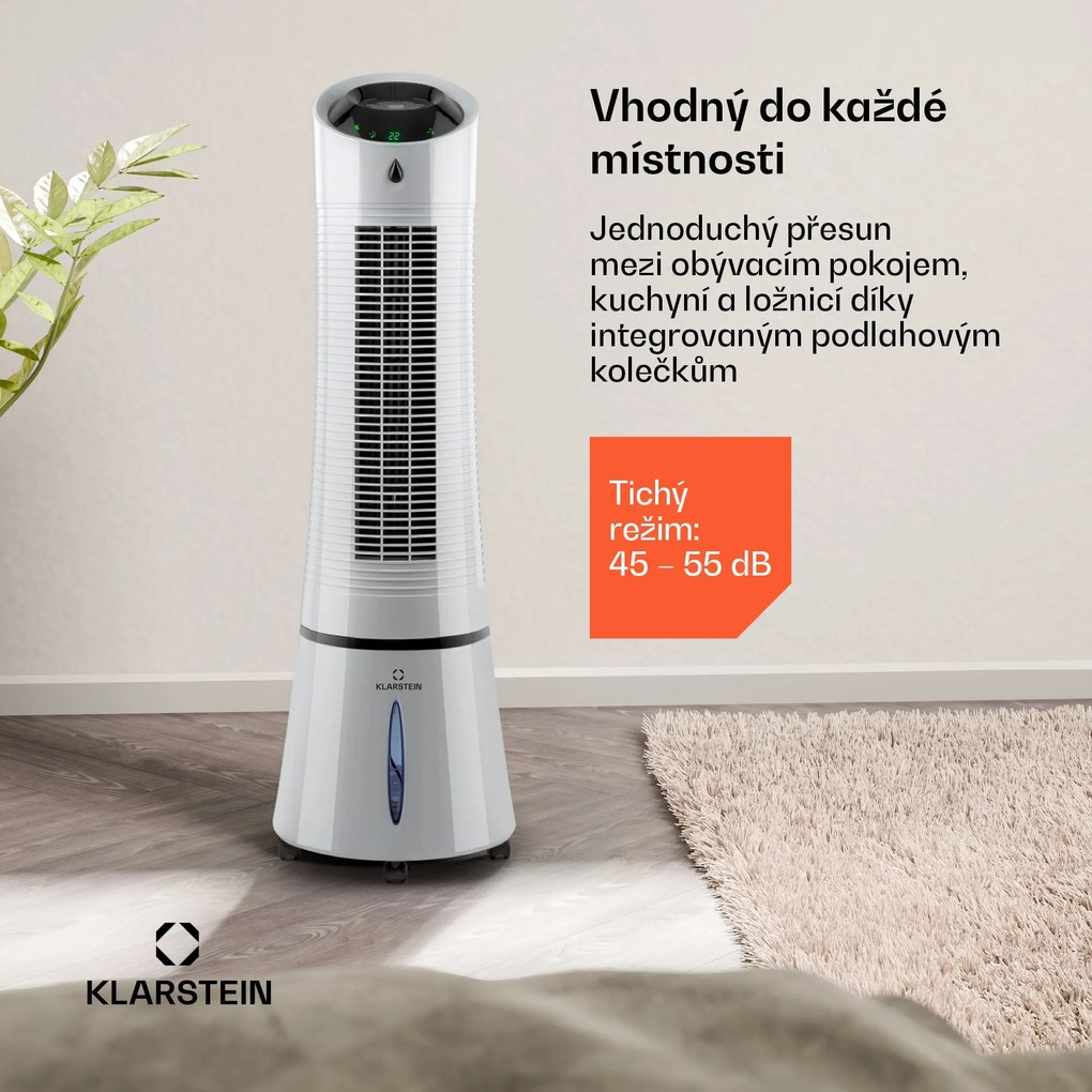 Klarstein Skyscraper Ice 4 v 1, ventilátor, ochlazovač vzduchu, čistička vzduchu, zvlhčovač vzduchu, 180 m³/h, 45 W, oscilace, mobilní, dálkové ovládání