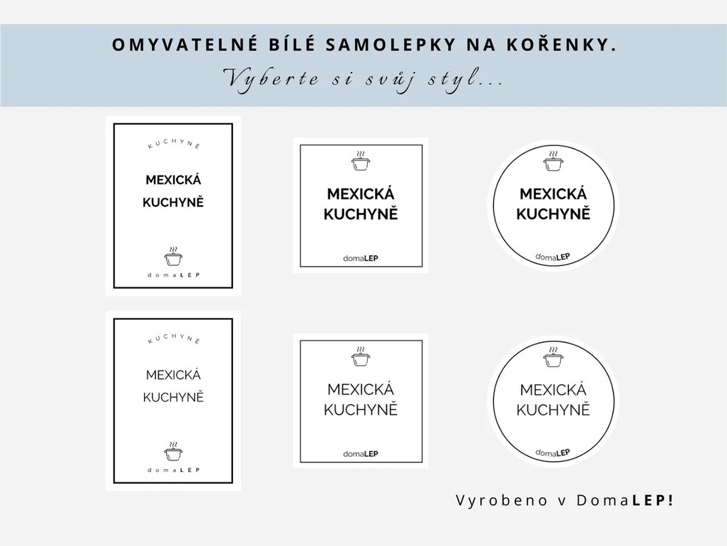 MEXICKÁ KUCHYNĚ - omyvatelná samolepka na kořenky, výběr rozměrů Ø 5 cm / 5 x 5 cm / 6 x 8 cm | DomaLEP tvar: KOLEČKO, barva: BÍLÁ - ČERNÉ písmo, velikost: Ø 5 cm - základní písmo