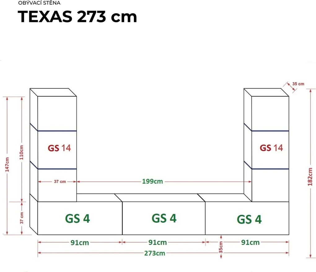 Ral Obývací stěna TEXAS 3, 273 cm - Černý lesk