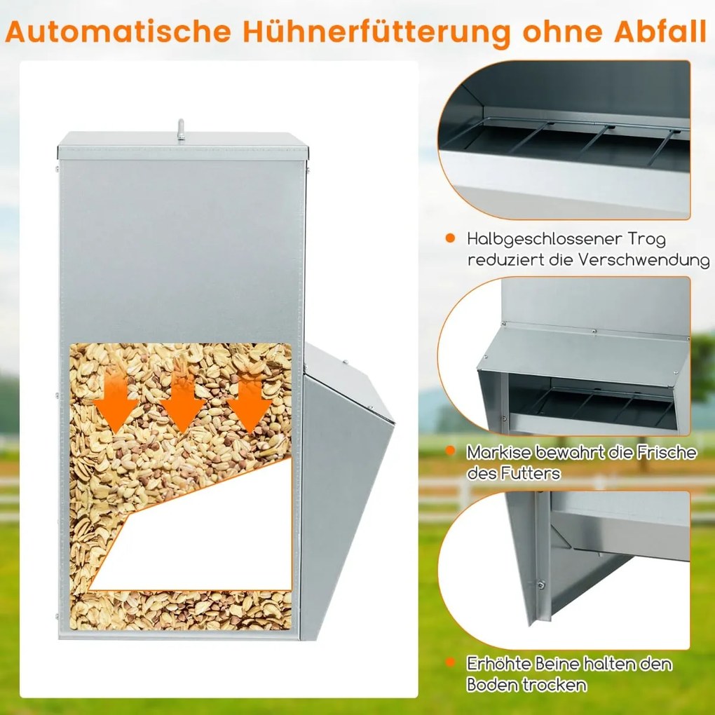 Costway Pozinkované krmítko pro kuřata s kapacitou 22 kg Nástěnné automatické