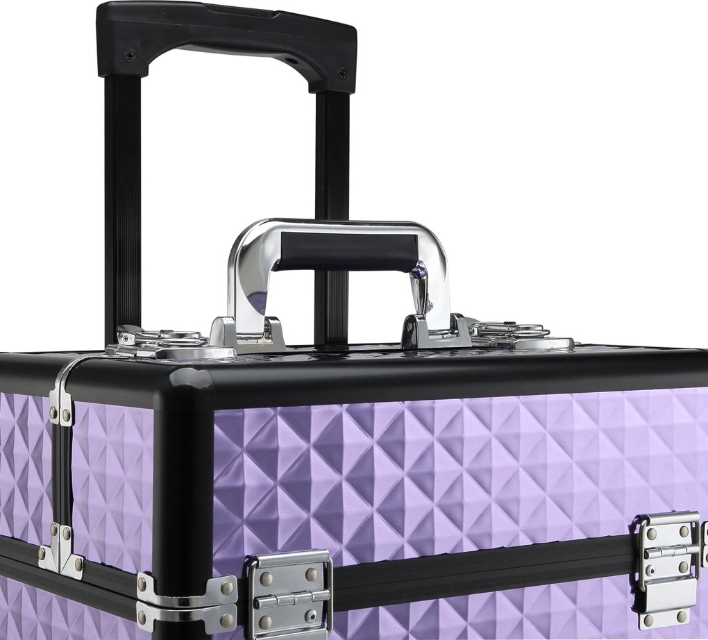 HOMCOM Profesionální Make-up Kufr s Univerzálními Kolíky, Různé Úrovně, Rozšiřitelná Rukojeť, Make-up Trolley Hliníková Slitina 33.5x23x76/95.5 cm Fi…