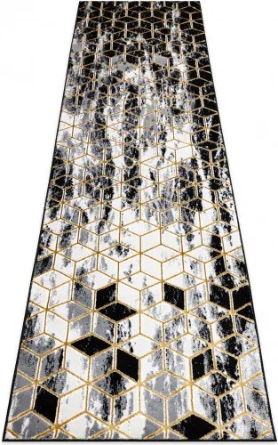 Dywany Łuszczów, Běhoun Gloss 409A 82 3D cubes black/gold/grey, 60x300, černá, obývací pokoj