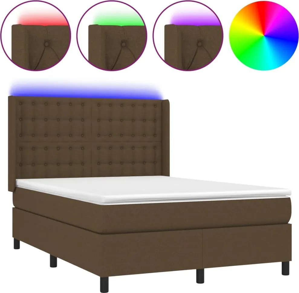 Box spring postel s matrací a LED tmavě hnědá 140x190 cm textil 3138632