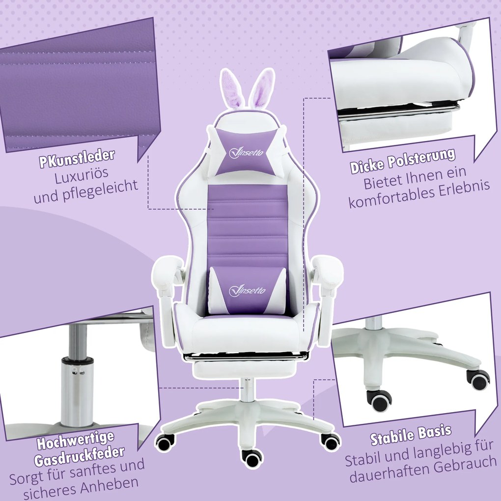 Vinsetto Herní židle ergonomická s podnožkou králičí uši 135° polohovací kancelářská židle nastavitelná výška bederní opěrka hlavy koženka fialová