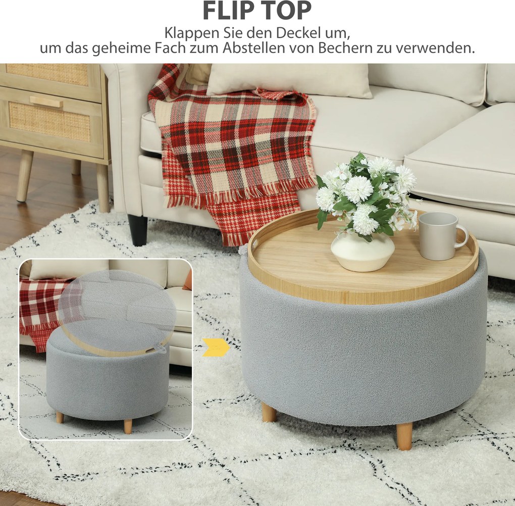 HOMCOM Úložný taburet s úložným prostorem, kulatý potahovaný taburet s sklápěcím víkem, dřevěné nohy, moderní design, do obývacího pokoje, ložnice, š…