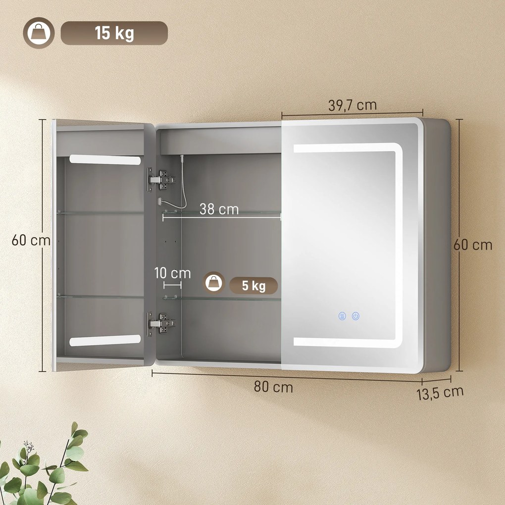 HOMCOM Zrcadlová skříňka do koupelny s LED osvětlením, 60 x 80 cm koupelnová skříňka s protimlžnou, 3-cestnou stmívatelnou