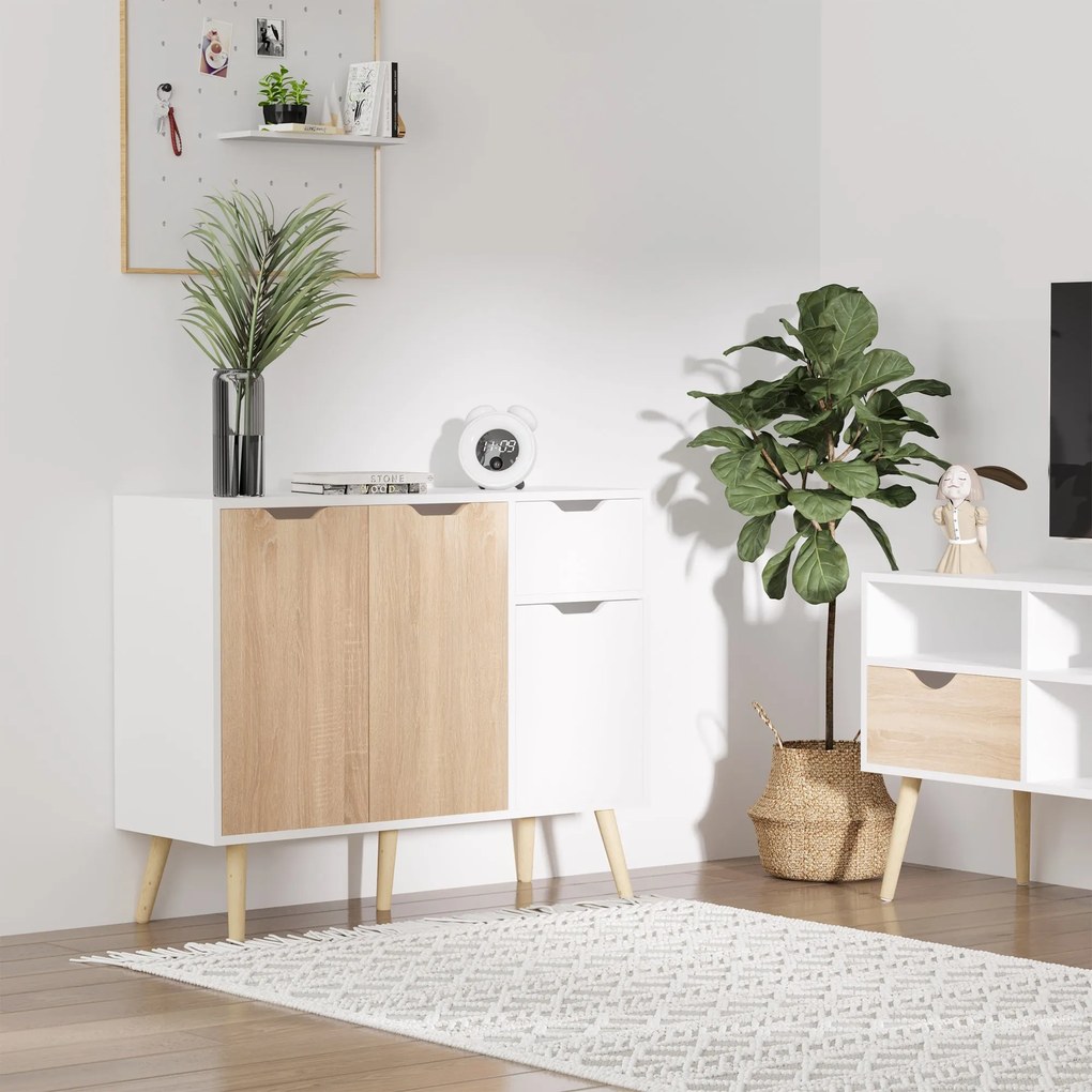 HOMCOM Moderní komoda se 3 dvířky a zásuvkou 90x30x72 cm Bílá a přírodní dřevo