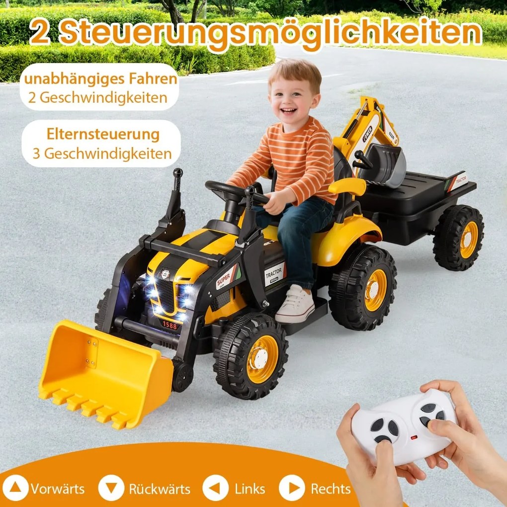 Costway Elektrický tahač s přívěsem a lopatou a dálkovým ovládáním 12 V rypadlo