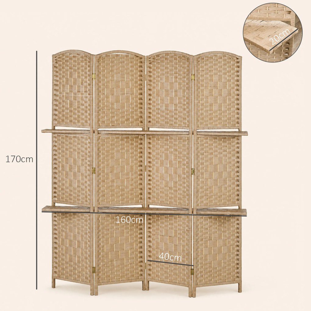 HOMCOM 4-panelový rozdělující paraván 160x170 cm se 2 policemi, soukromý paraván skládací příčka do kanceláře a ložnice přírodní