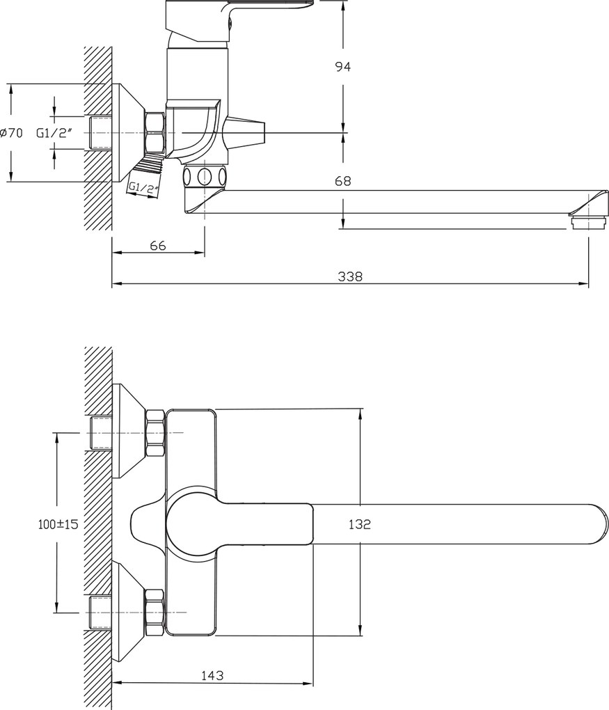 Bruckner Baron vanová baterie nástěnná 100 mm s otočným ramínkem chrom 612.035.1