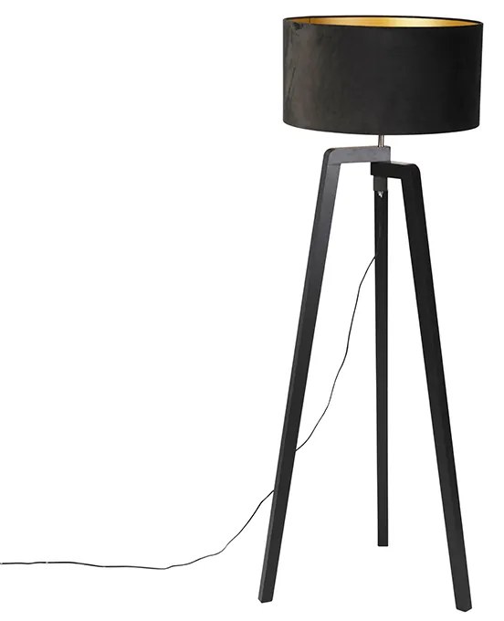 Stojací lampa trojnožka černá dřevo s černým stínítkem 50 cm - Puros