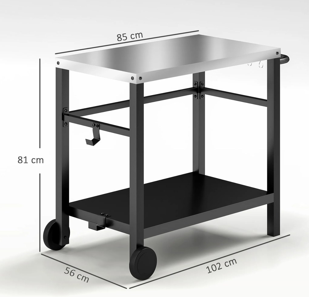Grilovací vozík Dvoupatrový servírovací vozík s pracovní plochou Police Háčky Kolečka Nerezová ocel 102 x 56 x 81 cm
