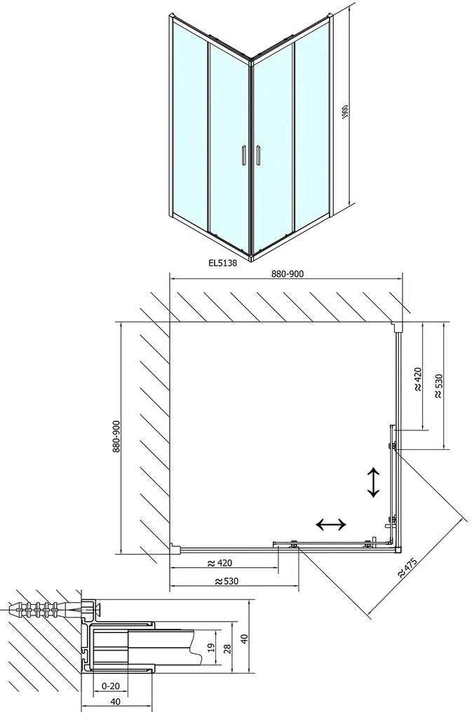 Polysan, EASY LINE čtvercová sprchová zástěna 900x900mm, sklo BRICK, EL5138