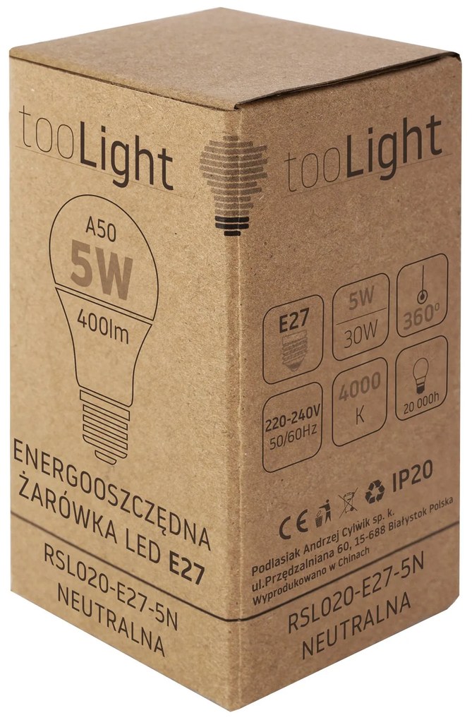 Toolight Toolight, LED žárovka E27, 5W, 400lm, 4000K neutrální bílá, RSL020, OSW-20005