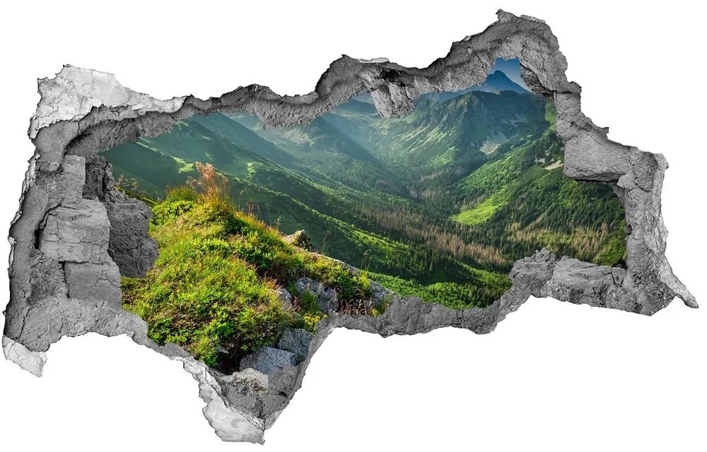 Wallmuralia Díra 3D ve zdi nálepka Východ slunce Tatry 95x73 cm