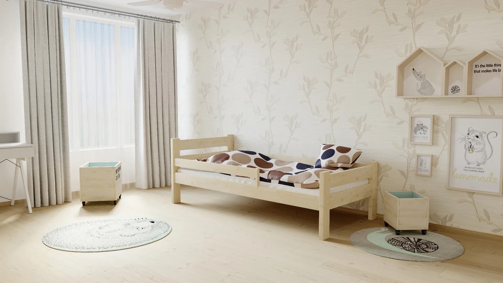 Dětská postel se zábranou ASHLEY vč. roštu Povrchová úprava: surové dřevo, Rozměry: 90 x 200 cm