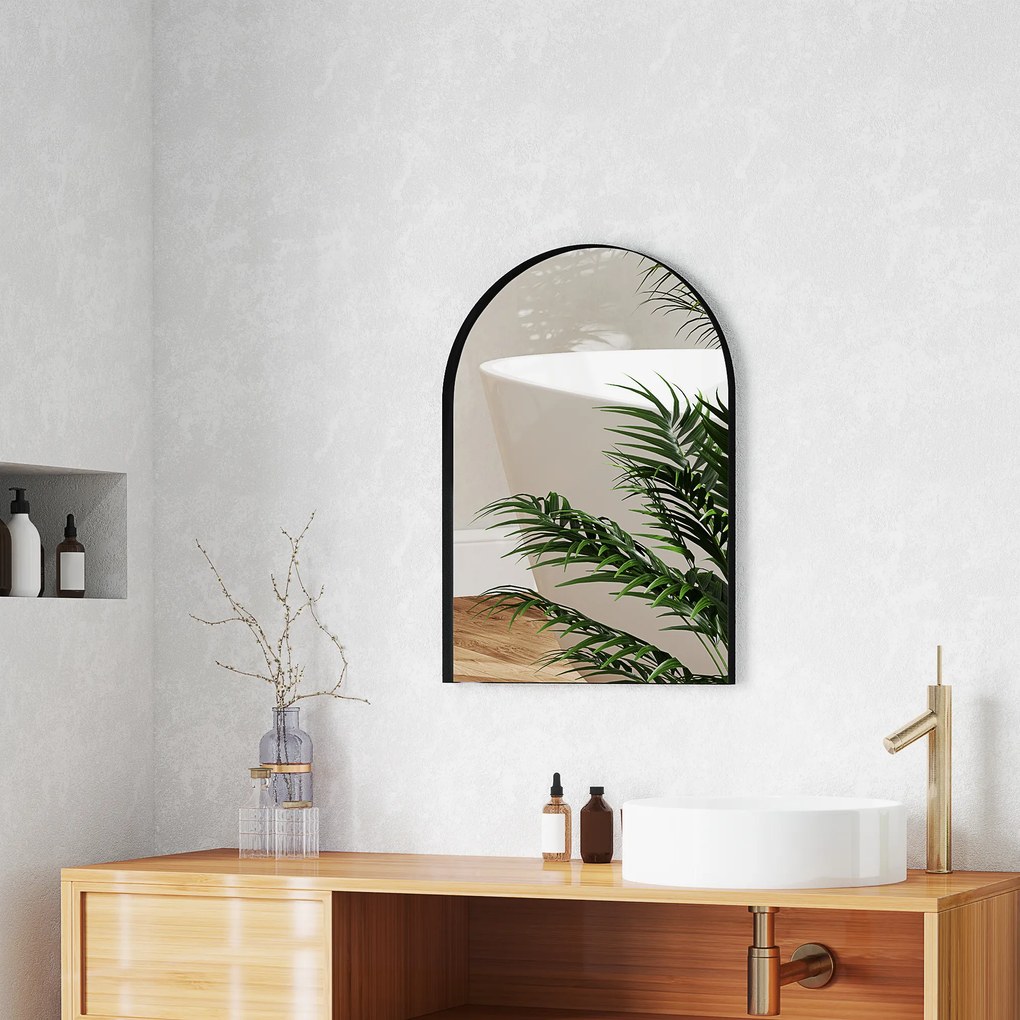 HOMCOM Koupelnové Zrcadlo 50 x 70 cm se Zabezpečovací Fólií, Koupelnové Zrcadlo s Hliníkovým Rámem, Nástěnné Zrcadlo do Koupelny a Ložnice, Černé