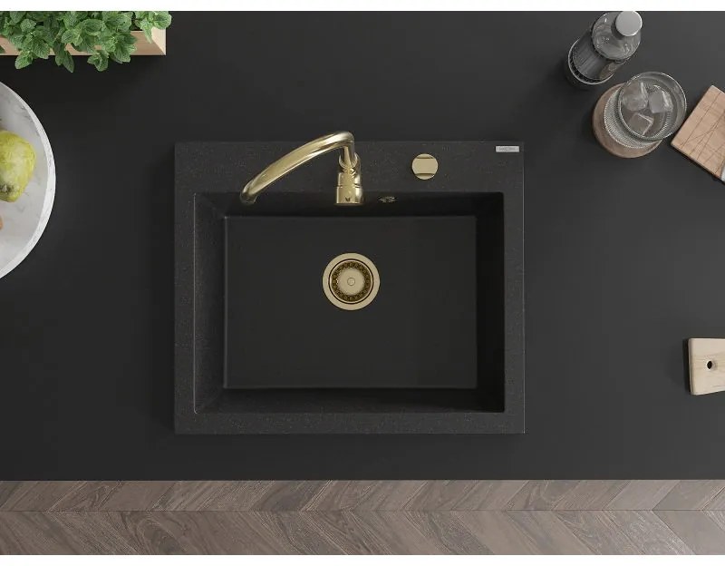 Mexen Elix, 1-komorový granitový dřez 600 x 500 mm, černá/stříbrná metalíza, zlatý sifon - 6525601005-73-G
