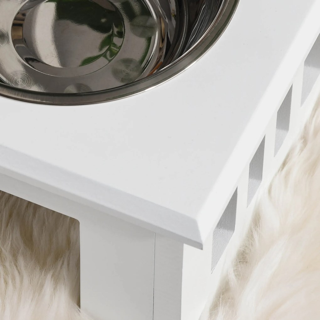 PawHut Zvýšená miska pro psy Miska na krmivo s nerezovými miskami 58,4x30,5x25,4cm MDF Protiskluzová Snadná údržba Bílá pro psy
