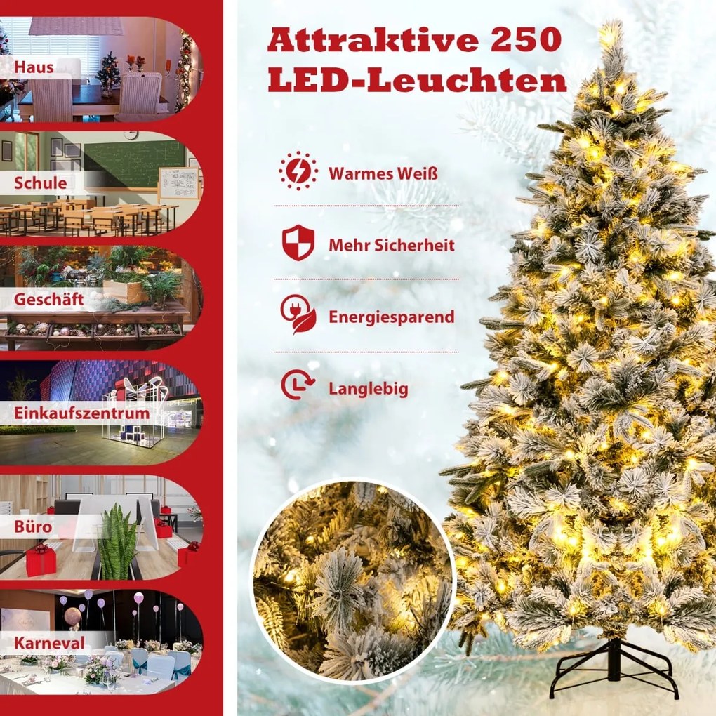 Costway 180 cm Umělý vánoční stromeček se sněhem a 250 Teplá bílá LED svítí