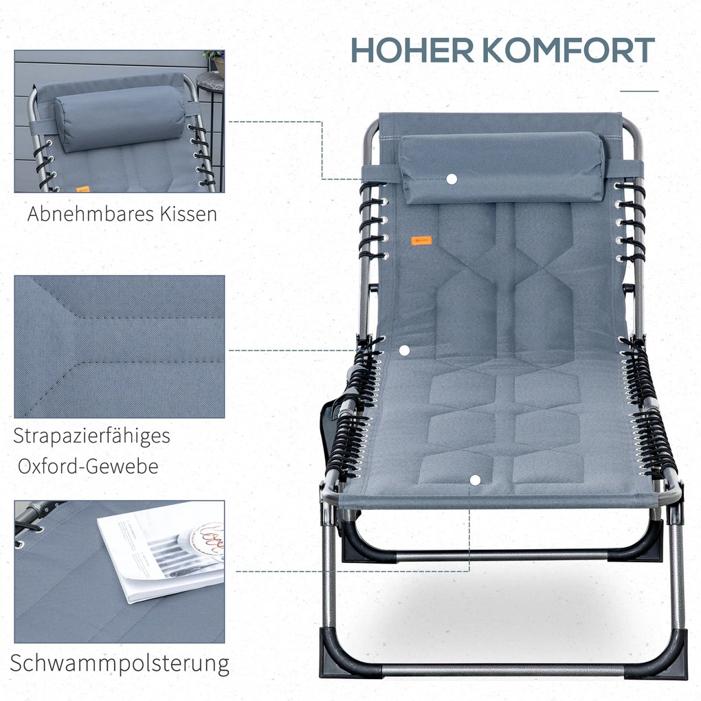 Lehátko, Skládací zahradní lehátko, Skládací lehátko s polštářem, 5stupňové opěradlo, tkanina Oxford, 188 x 57 x 30 cm, šedá barva