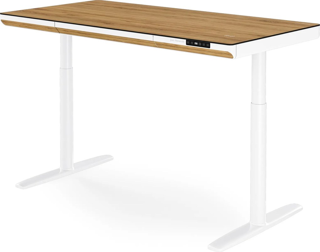 Elektrický psací stůl sit-stand se zásuvkou a bezdrátovou nabíječkou Qi bílý/zlatý dub, 1400 mm: ELLIS