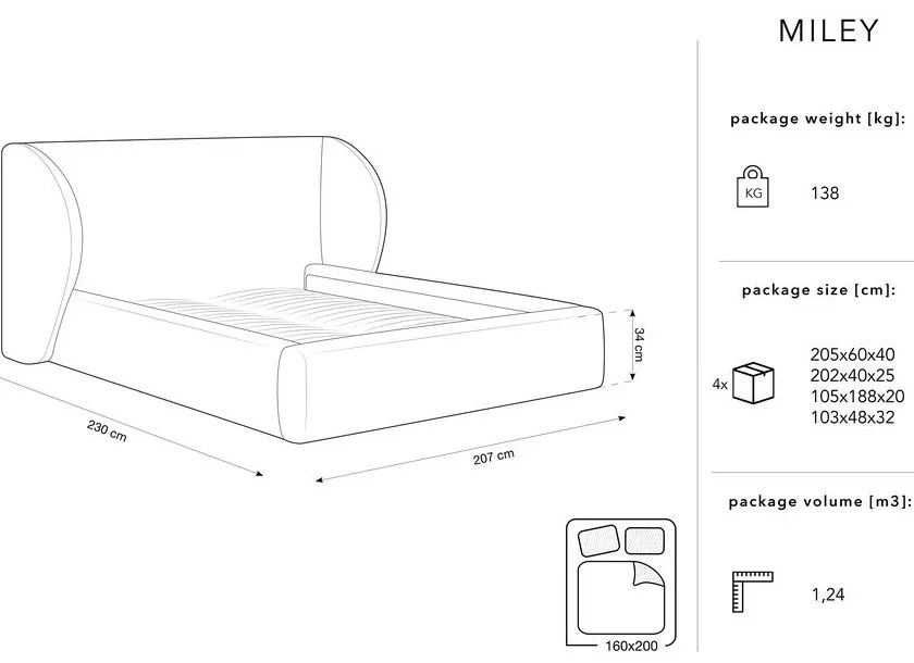 Tmavě šedá čalouněná dvoulůžková postel s úložným prostorem s roštem 160x200 cm Miley – Micadoni Home