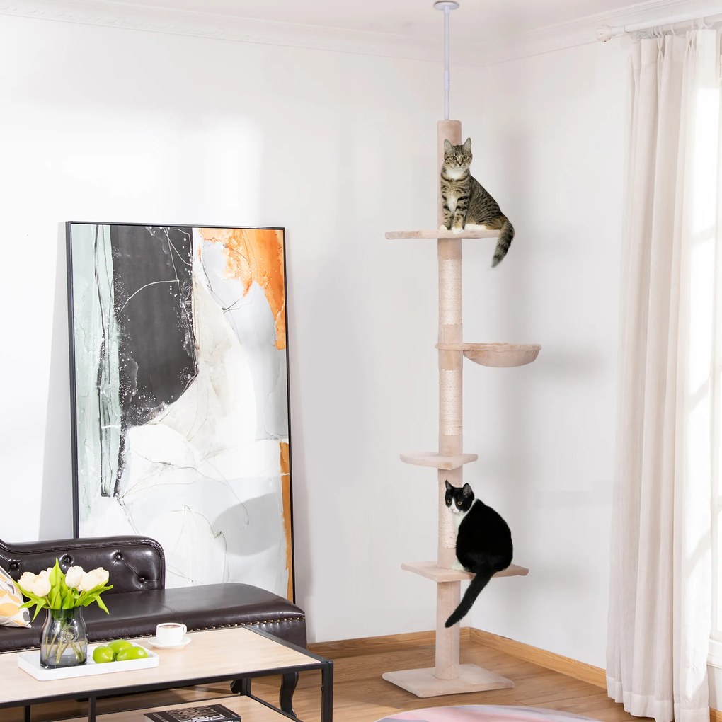 PawHut škrabadlo stropní, H230-260 cm, výškově nastavitelný strom pro kočky, stabilní, béžový| Aosom