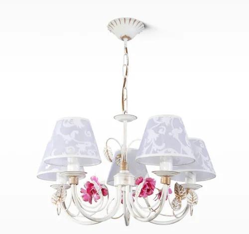 Light for home - Závěsný lustr na řetězu 20499 "CAMELLIA", 5x40W, E14, bílá, zlatá, patina, růžová