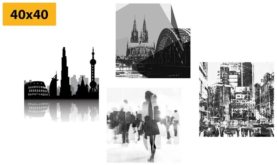 Set obrazů život ve velkoměstě v černobílém provedení s abstraktním nádechem