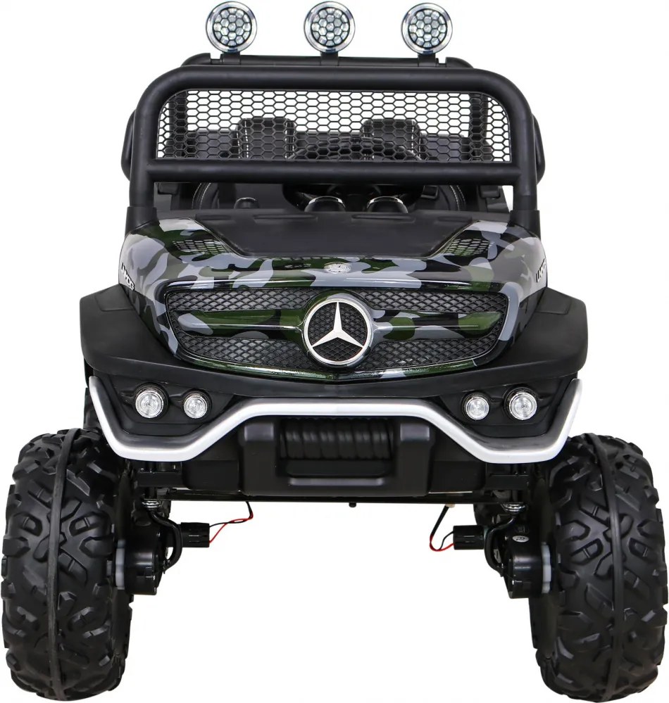 Ramiz Mercedes Benz Unimog elektrické autíčko pro děti maskáčové lakované + pohon 4x4 + dálkové ovládání + nosič zavazadel + pomalý start + MP3 + LED