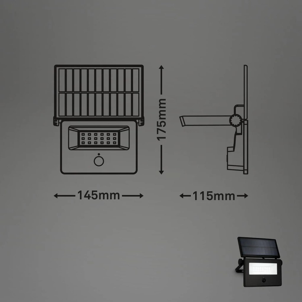 BRILO 3856015 Solární LED venkovní nástěnné svítidlo vč. IR senzoru, černé, 5W, 400 lm, sklo/plast - BRILO