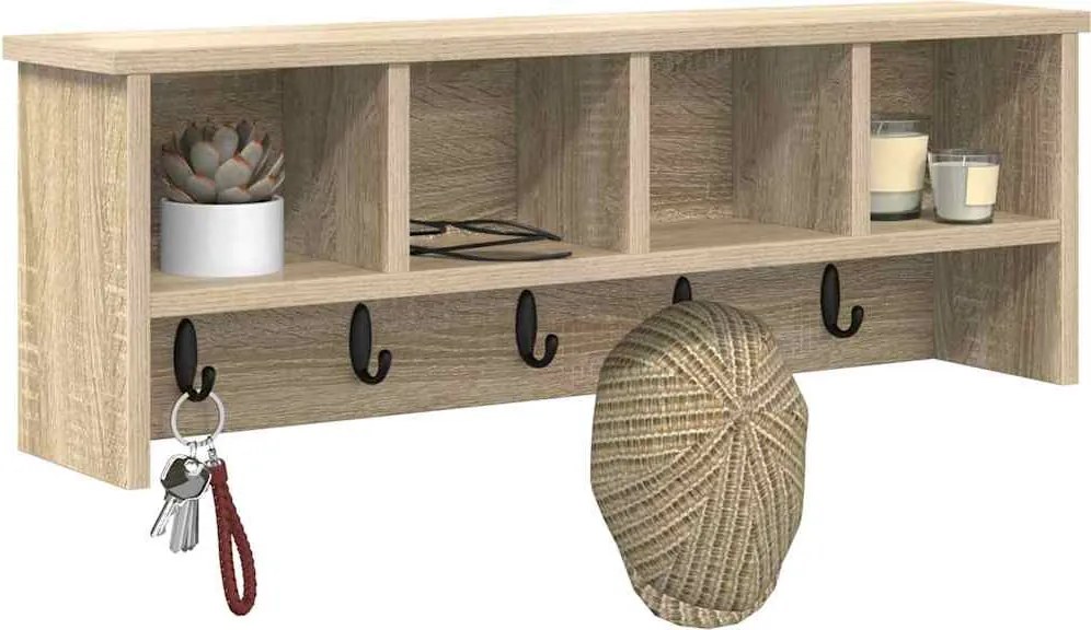 věšák, nástěnný, 4 poličky, háčky, kompozitní dřevo, 26x75x16 cm, dub sonoma, Dekorino TK20260021
