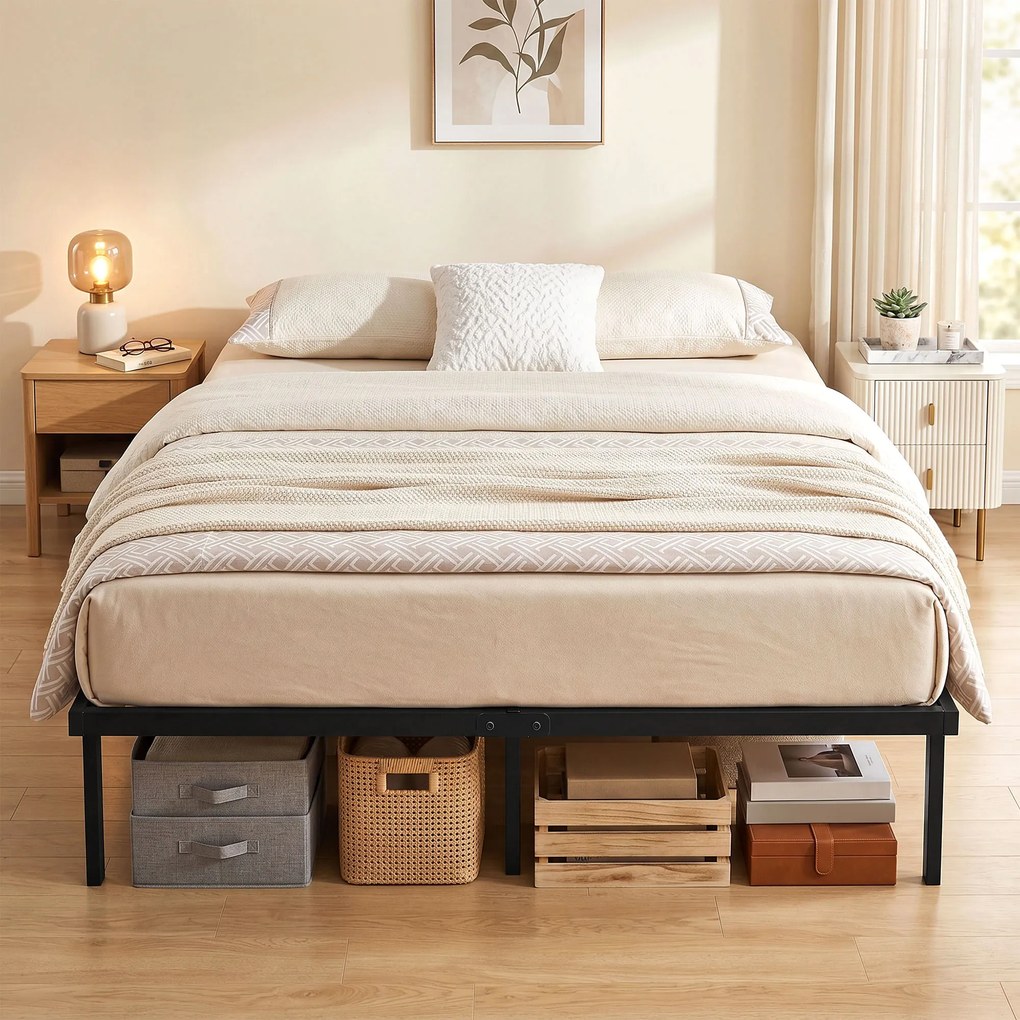 HOMCOM kovový rám postele s úložným prostorem pod postelí, výška 35,5 cm, laťkový rošt, tichý design — bez boxspringu, snadná montáž — 140 × 200 cm, …
