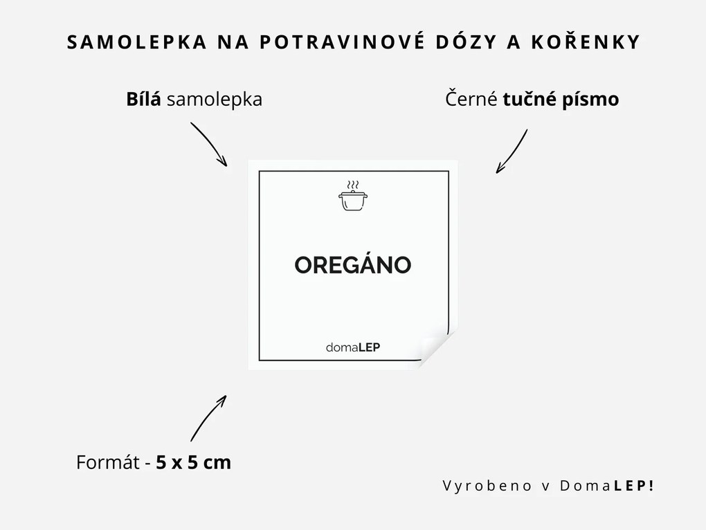 OREGÁNO - omyvatelná samolepka na kořenky, výběr rozměrů Ø 5 cm / 5 x 5 cm / 6 x 8 cm | DomaLEP tvar: KOLEČKO, barva: BÍLÁ - ČERNÉ písmo, velikost: Ø 5 cm - tučné písmo