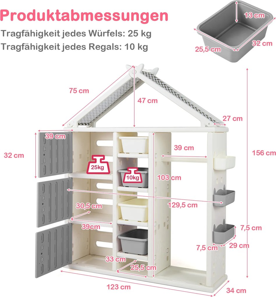 Costway Dětský regál ve tvaru domečku s tyčí na šaty, dětská knihovnička