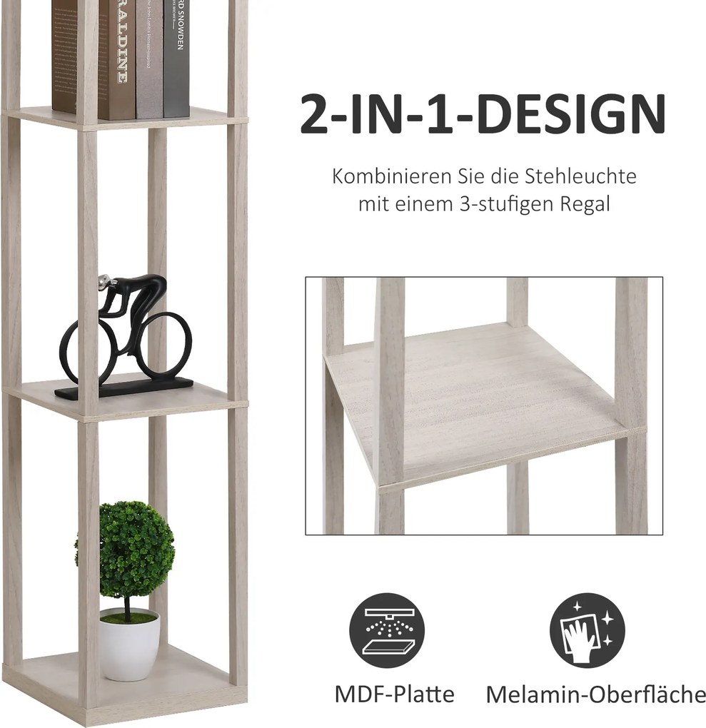 HOMCOM Stojací lampa se 3 policemi Stojací lampa, interiérové osvětlení, E27, do 40W, E1-MDF, akryl, dub+bílá, 26x26x160 cm