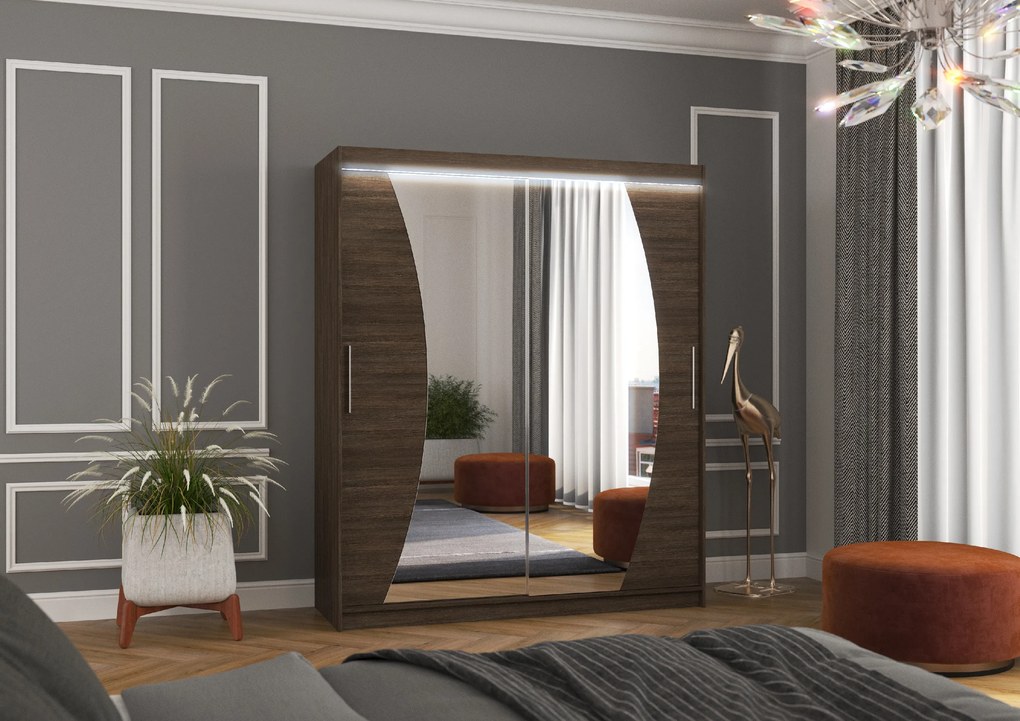 ADRK Furniture Posuvná skříň se zrcadlem a LED osvětlením DOLORES 180 SW-DOL-CH-180+L-V297