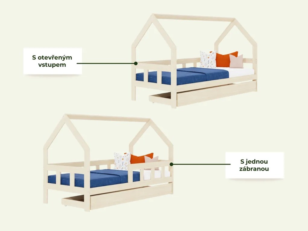 Benlemi Dětská postel domeček FENCE 2v1 ze dřeva se zábranou a úložným šuplíkem Zvolte barvu: Béžová, Zvolte rozměr: 90x160 cm, Zvolte zábranu: S jednou zábranou